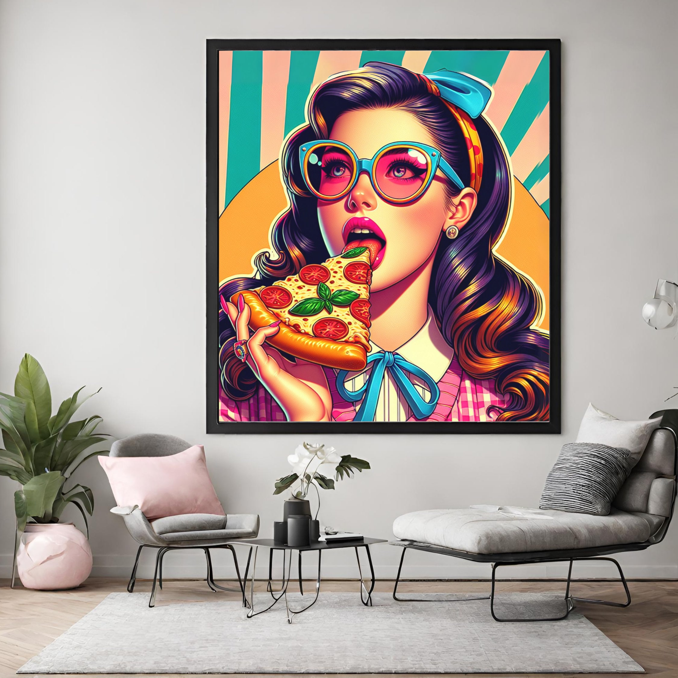 Groovy Pizza Girl Eating Pizza Wall Art, Pin up Retro Girl Eating Pizza ...