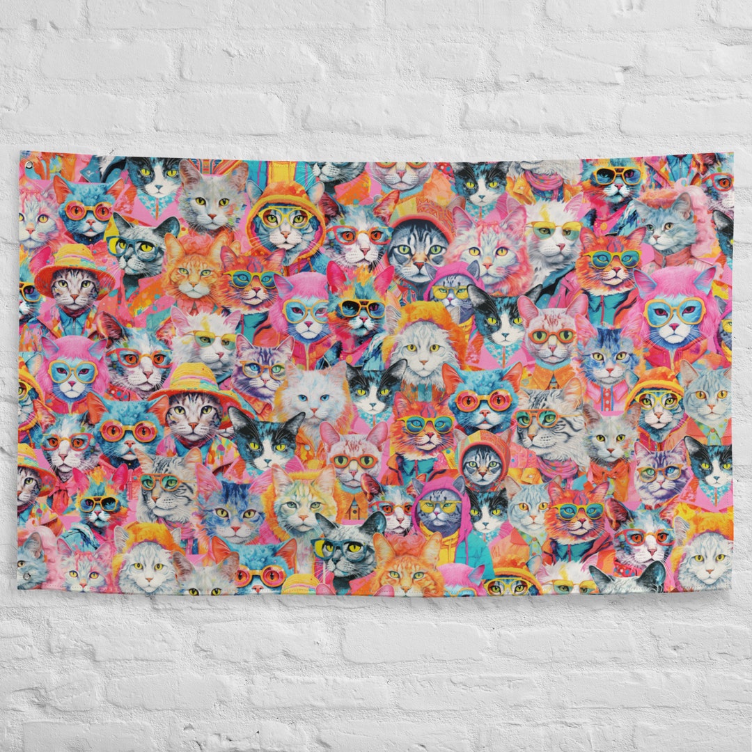 Retro Cats Pattern Flag, Hipster Cats Pattern Wall Tapestries, Groovy ...