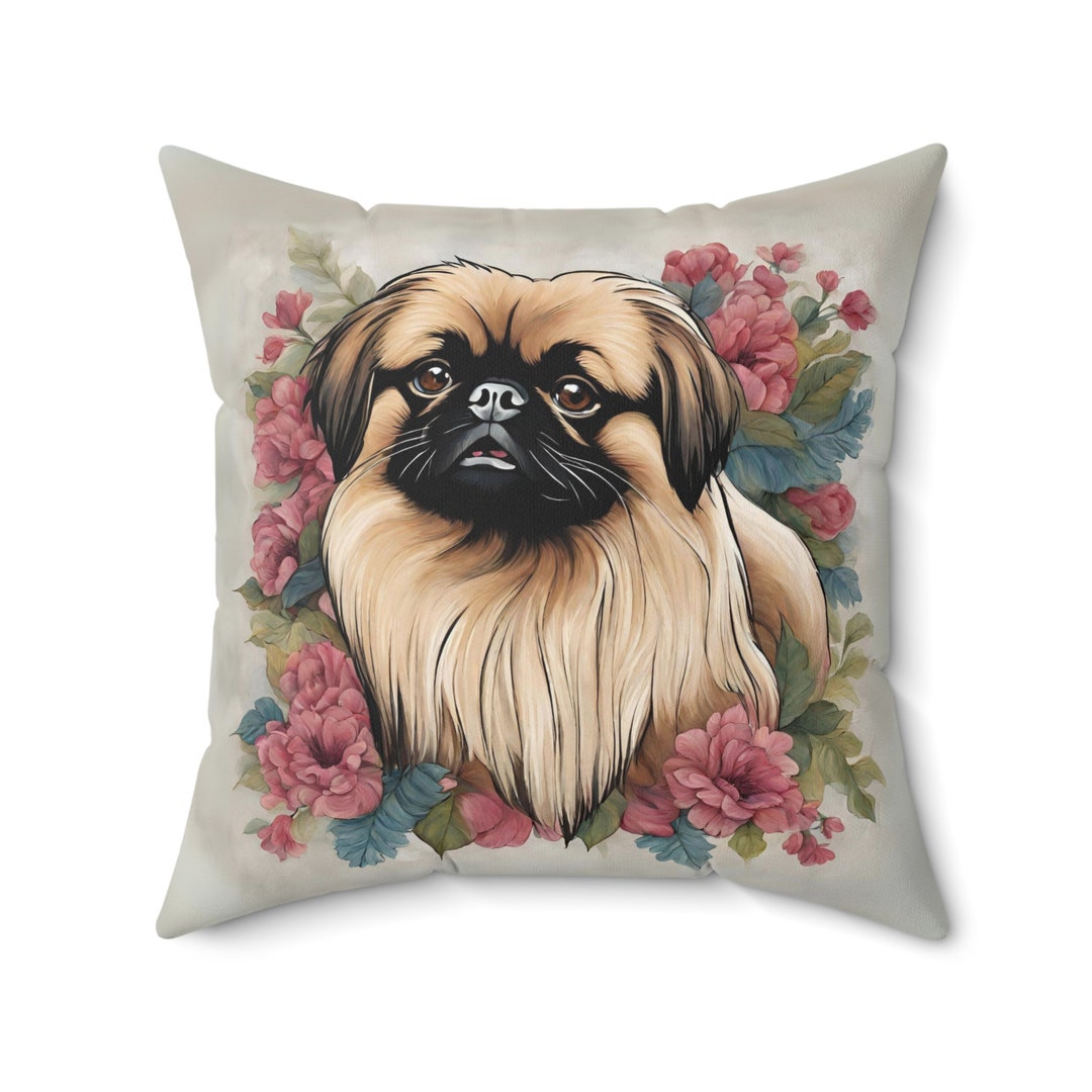 Pekingese and Flowers Art Pillow, Pekingese Cushion, Pekingese Painting ...