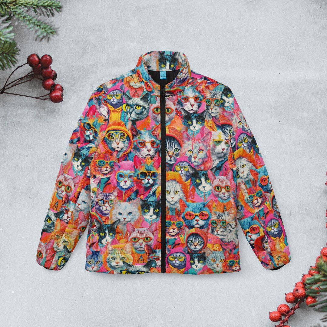 Hipster Cats Pattern Puffer Jacket, Retro Cats Pattern Puffer Jacket ...