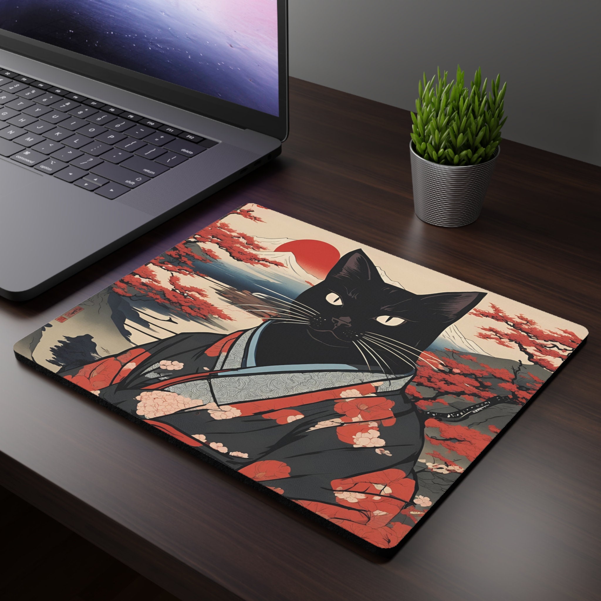 Ukiyo-e Style Black Cat Mouse Pad, Japanese Art Rectangular Mouse Pad, Black Cat Kimono Desk Mat ...