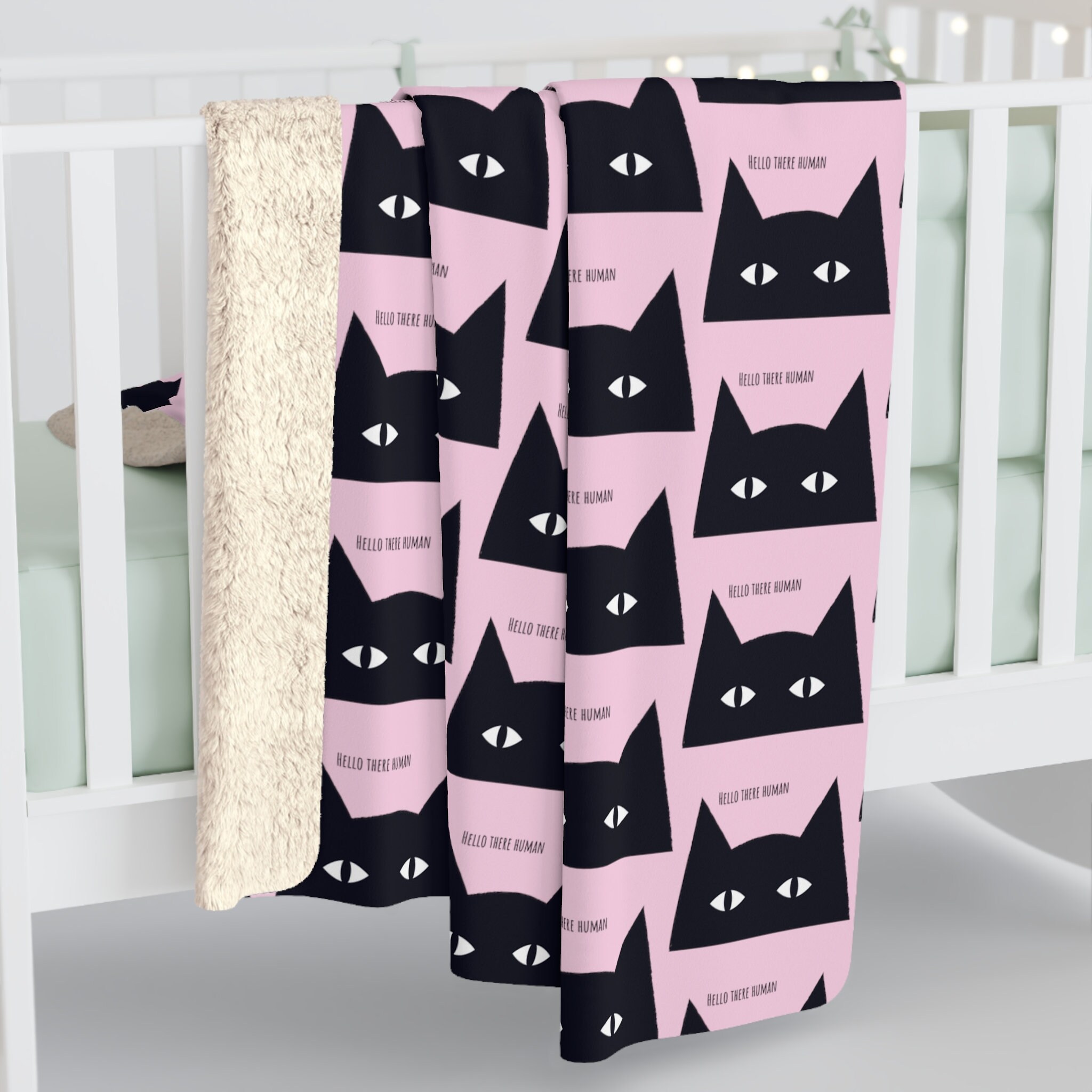 Funny Black Cat Says Hello There Human Pattern Sherpa Fleece - Etsy