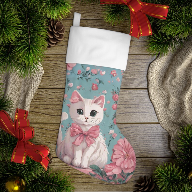 Cute Cat Christmas Stocking Floral Xmas Holiday Stocking Cat - Etsy