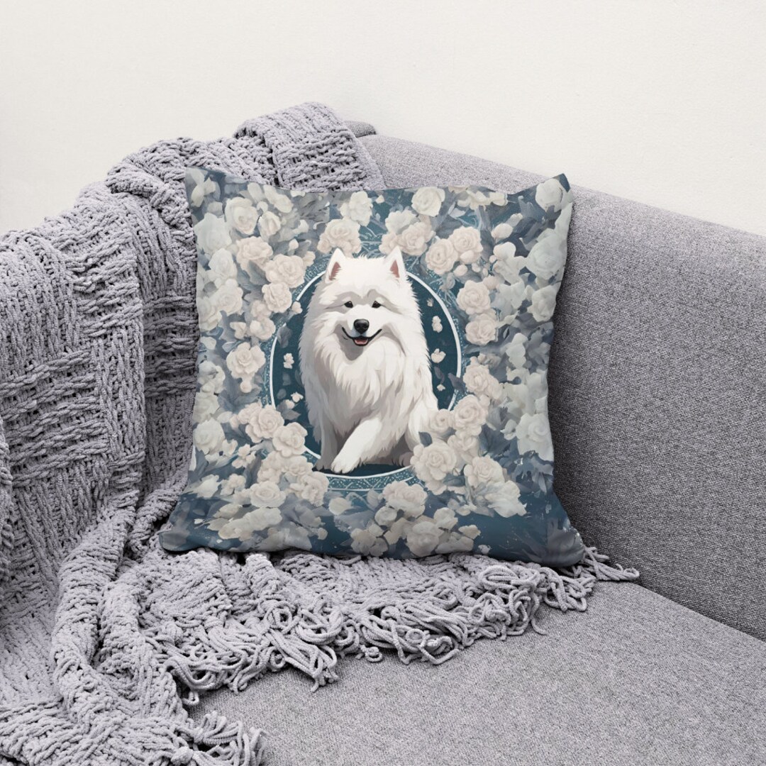 Floral Samoyed Art Pillow, Vintage Samoyed Cushion, Samoyed Flowers ...