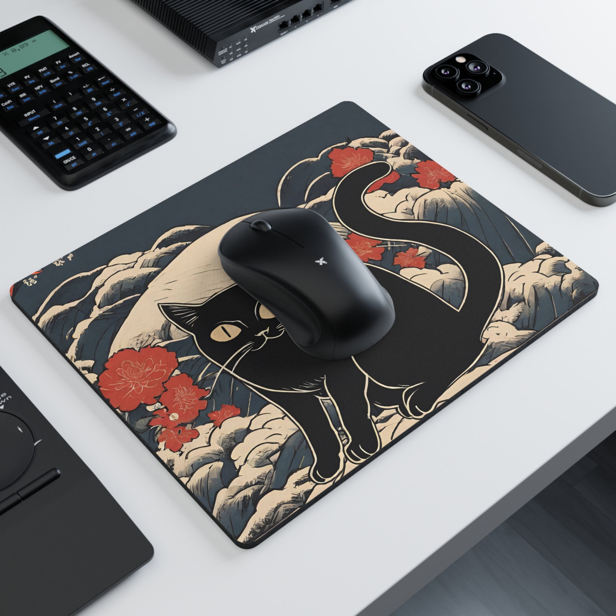 Funny Black Cat Japanese Art Mouse Pad, Ukiyo-e Style Painting Mousepad ...