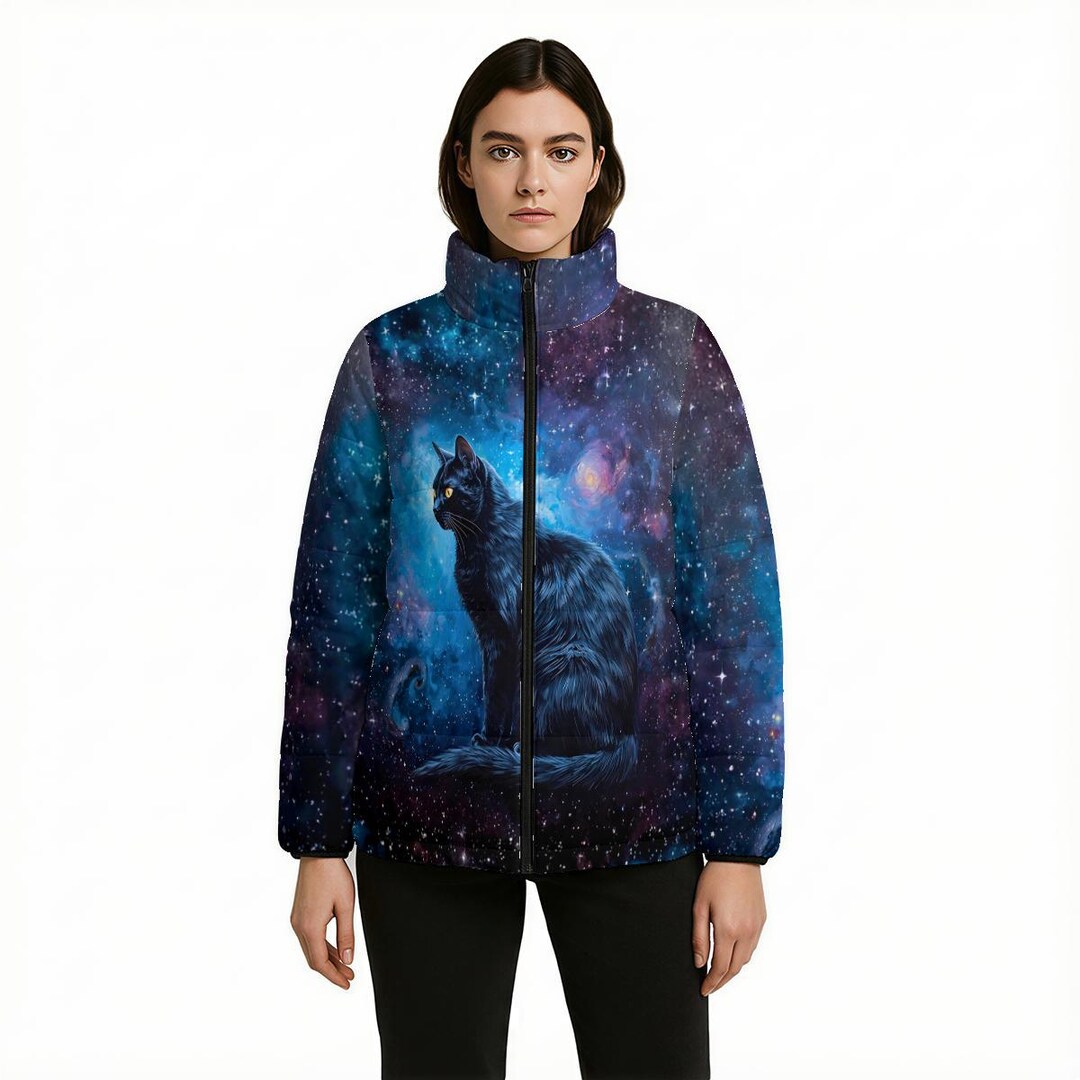 Cosmic Black Cat Puffer Jacket, Galactic Nebula Quilted Coat, Space ...