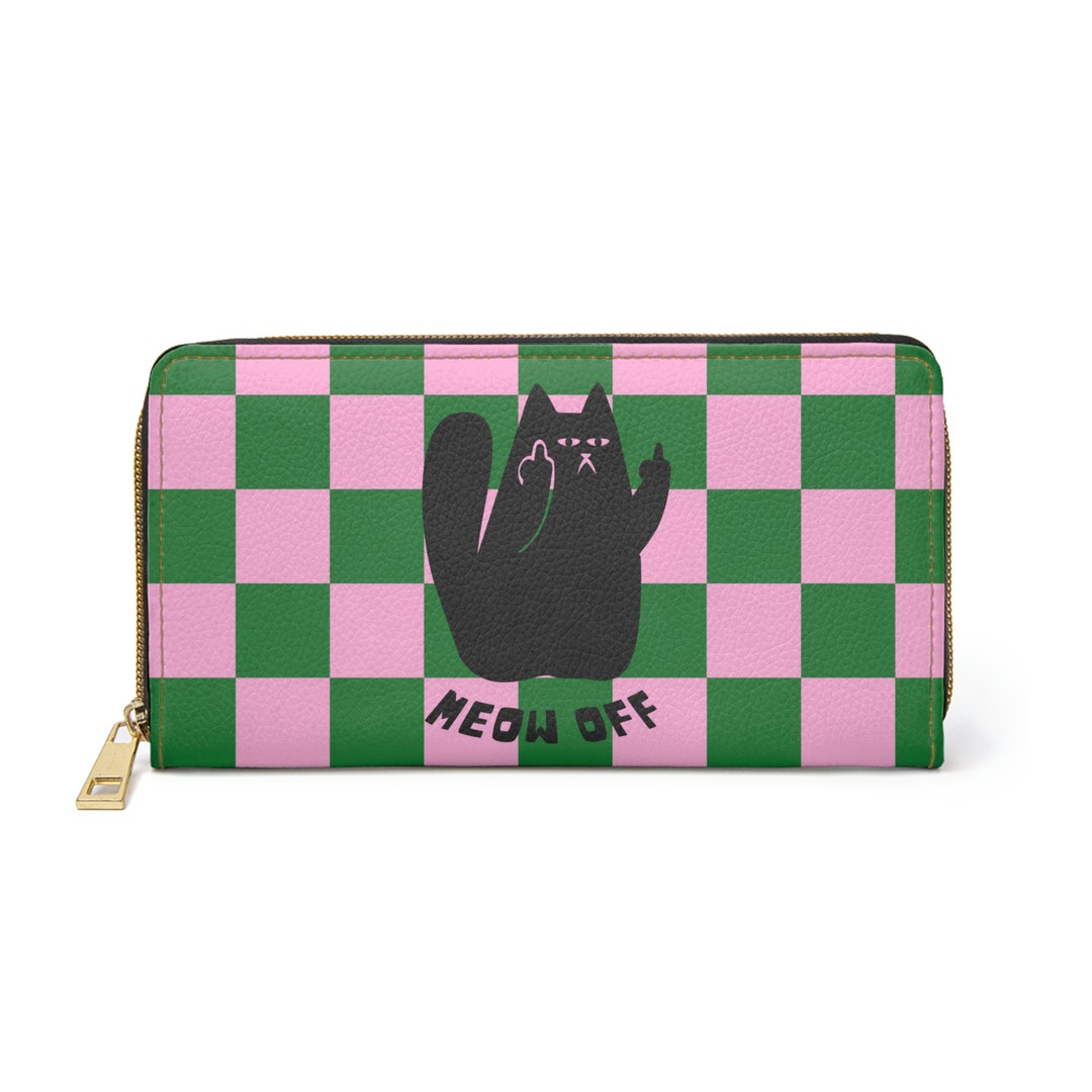 Checkered Funny Cat Wallet, Black Cat Middle Finger Meow off Wallet ...