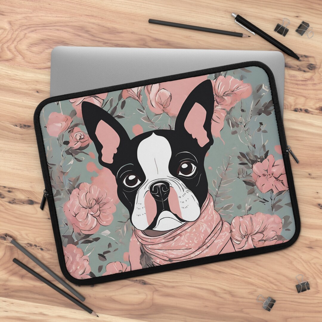 Floral Boston Terrier Laptop Sleeve, Cute Boston Terrier Laptop Case ...