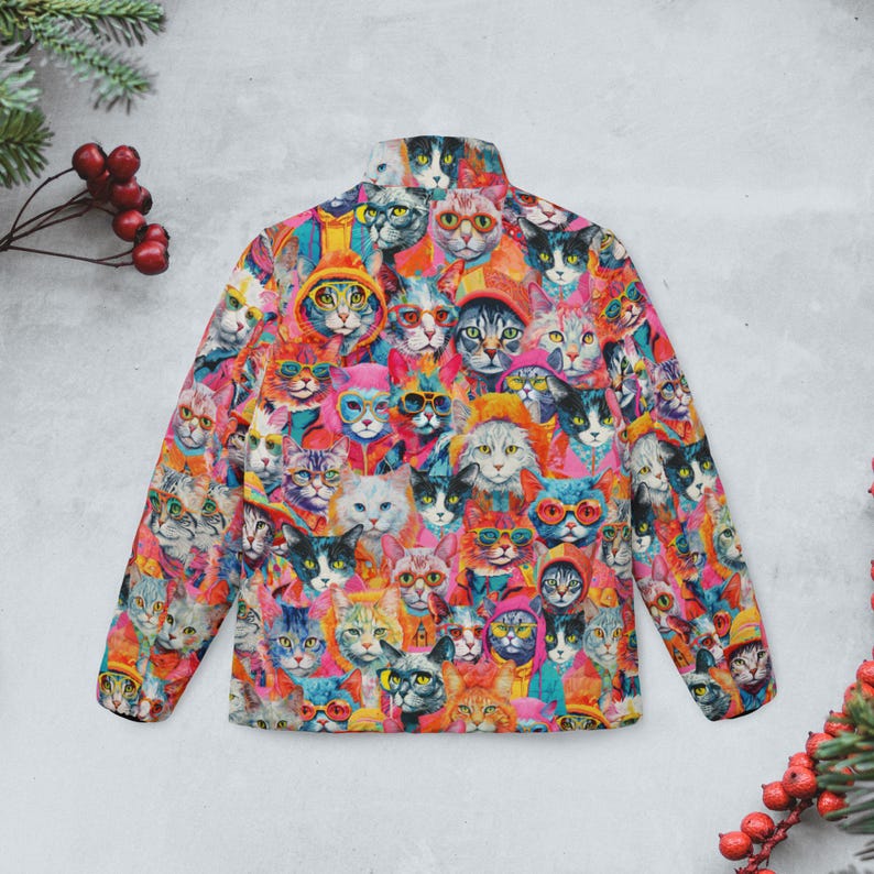 Hipster Cats Pattern Puffer Jacket, Retro Cats Pattern Puffer Jacket ...