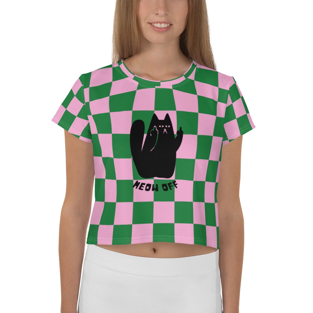 Checkered Funny Cat Crop Top Black Cat Middle Finger Crop - Etsy Israel