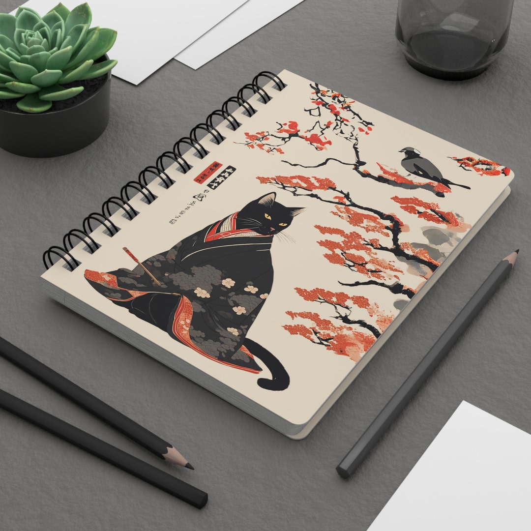 Black Cat Ukiyo-e Style Art Spiral Bound Journal, Cat Japanese ...