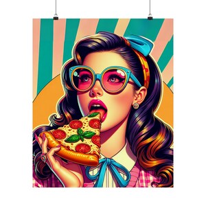 Groovy Pizza Girl Eating Pizza Wall Art, Pin up Retro Girl Eating Pizza ...