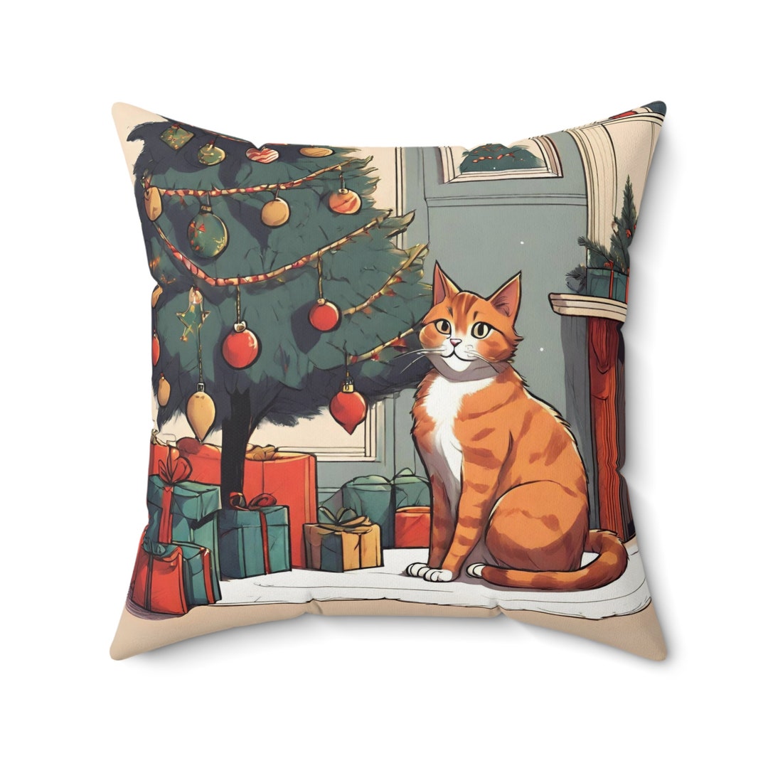 Cute Ginger Cat Christmas Pillow, Festive Ginger Cat Xmas Pillow, Cozy ...