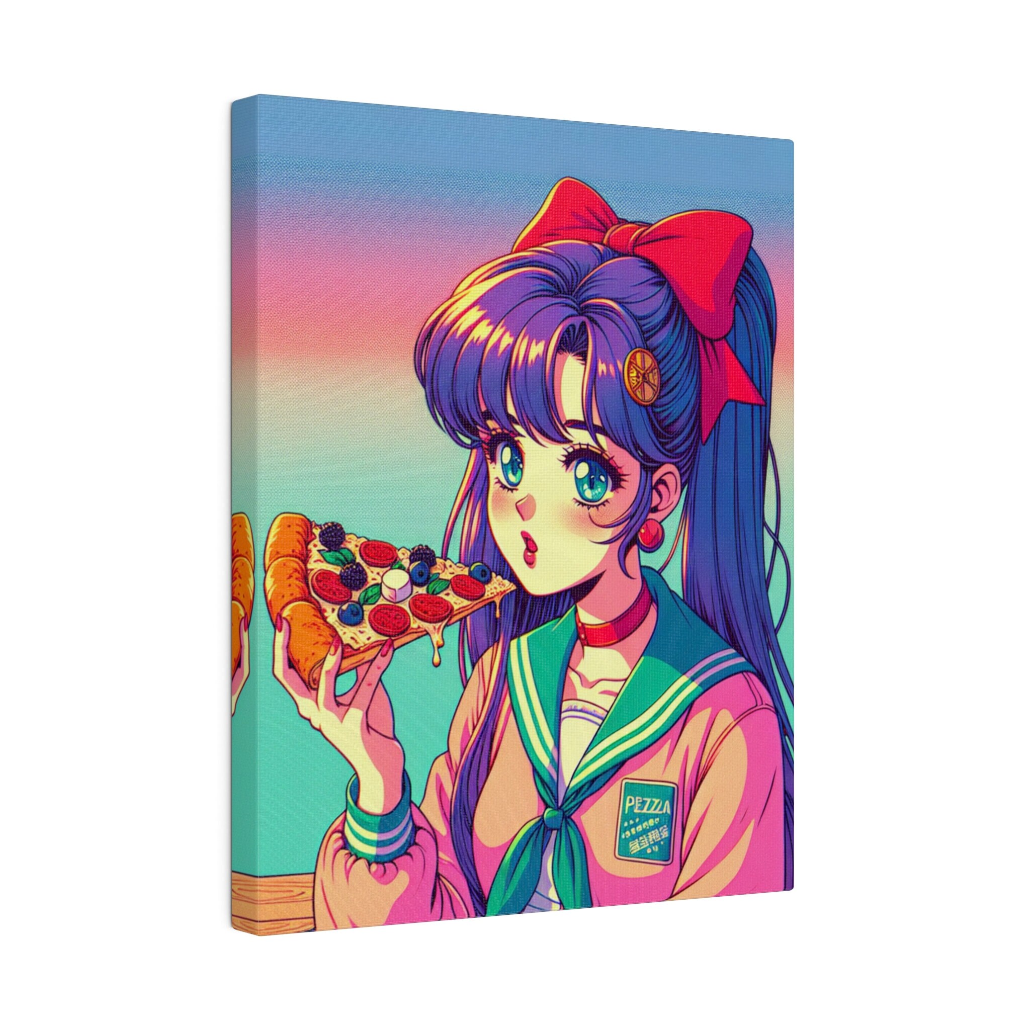 Anime Retro Girl Eating Pizza Matte Canvas, Preppy Girl Eating Pizza ...