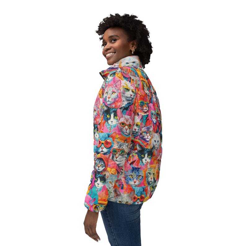 Hipster Cats Pattern Puffer Jacket, Retro Cats Pattern Puffer Jacket ...