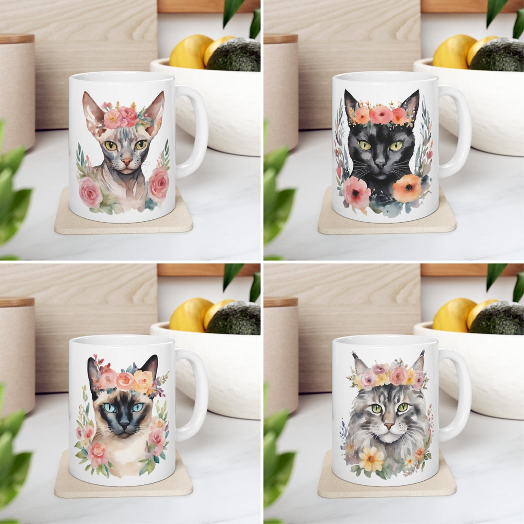 Personalized Cat Mug, Custom Cat Breed Ceramic Mug, 11oz, Watercolor ...
