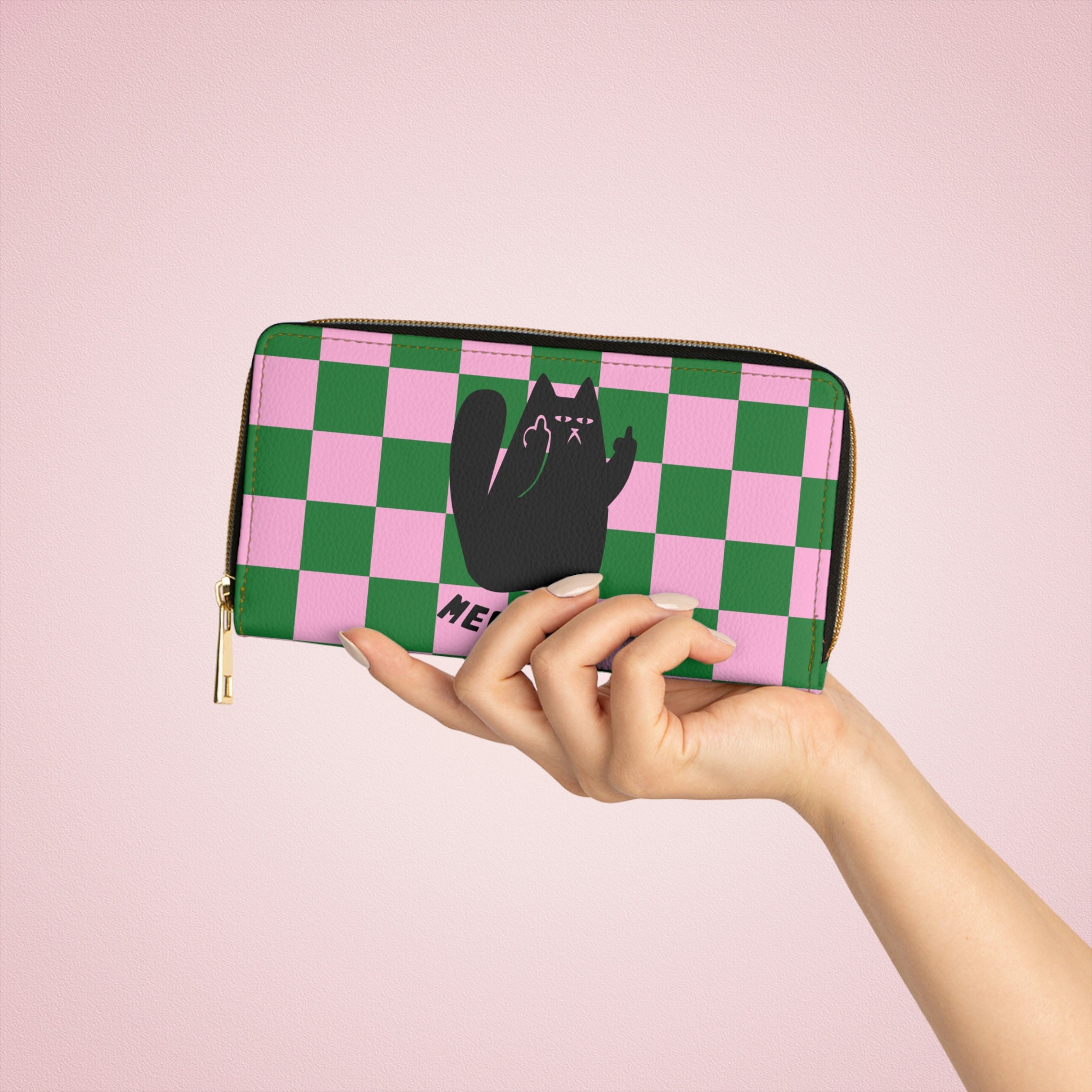 Checkered Funny Cat Wallet, Black Cat Middle Finger Meow off Wallet ...