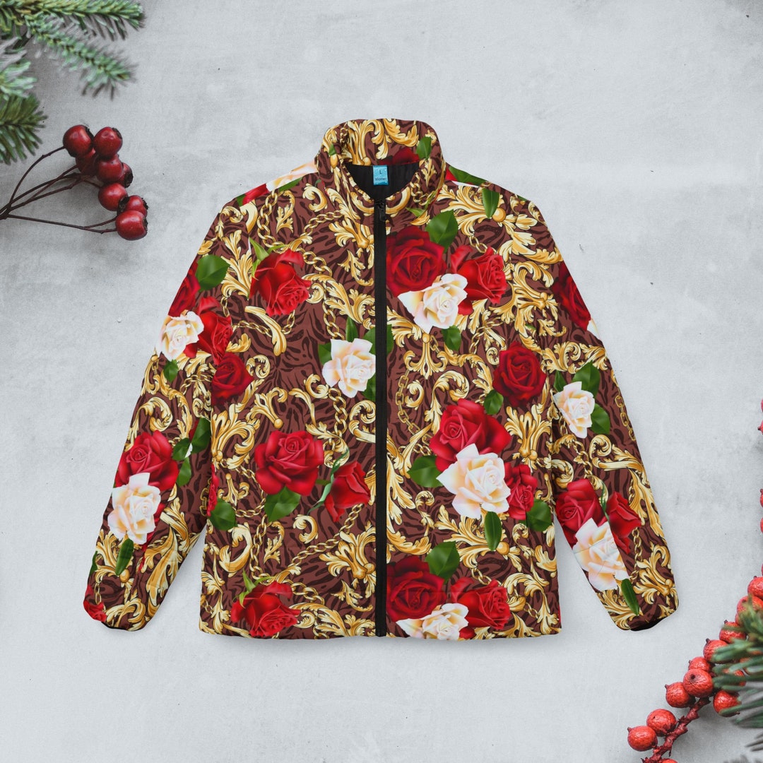 Floral Puffer Jacket With Gold Chains, Roses Print Women's Winter Coat ...