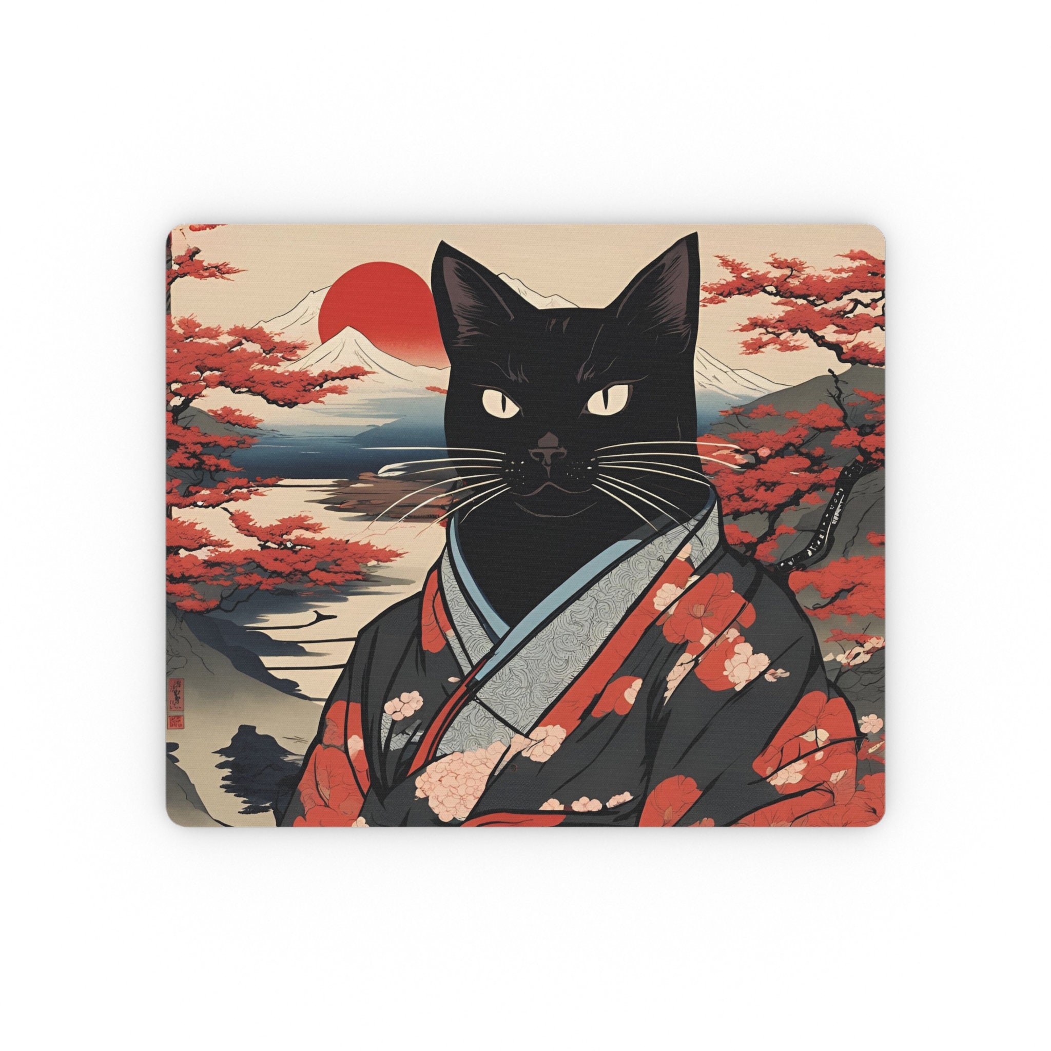 Ukiyo-e Style Black Cat Mouse Pad, Japanese Art Rectangular Mouse Pad ...