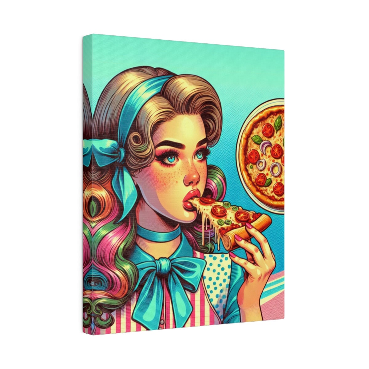 Preppy Girl Eating Pizza Canvas, Retro Pin-up Girl Eating Pizza Wall ...