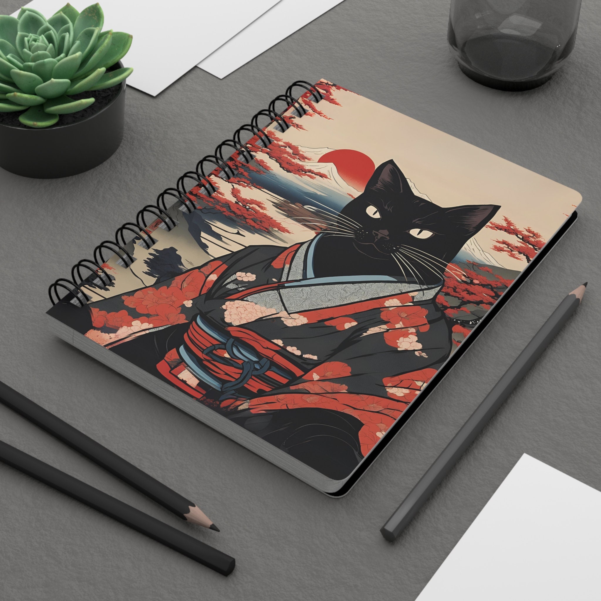 Ukiyo-e Style Black Cat Art Spiral Bound Journal, Cat Japanese ...