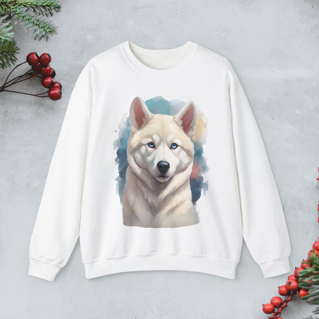 White Siberian Husky Sweatshirt, Colorful Graphic Husky Crewneck ...