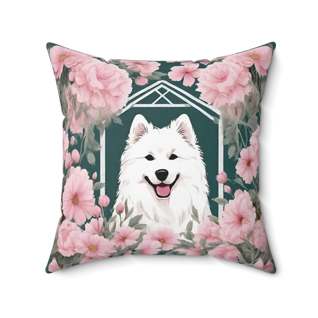 Floral Samoyed Art Pillow, Vintage Samoyed Cushion, Pink Flowers Pillow ...