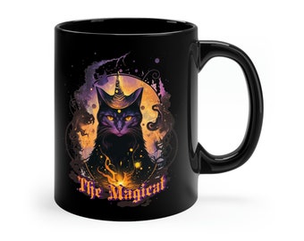 Magical Cat 11oz Black Mug, Celestial Mug, Whimsical Coffee Mug ...