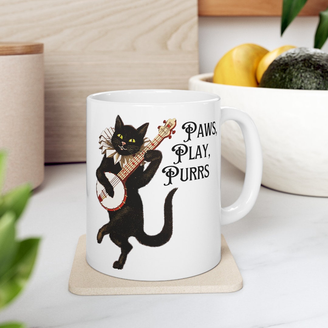 Musician Cat Mug, (11oz, 15oz), Funny Black Cat Ceramic Mug, Vintage ...