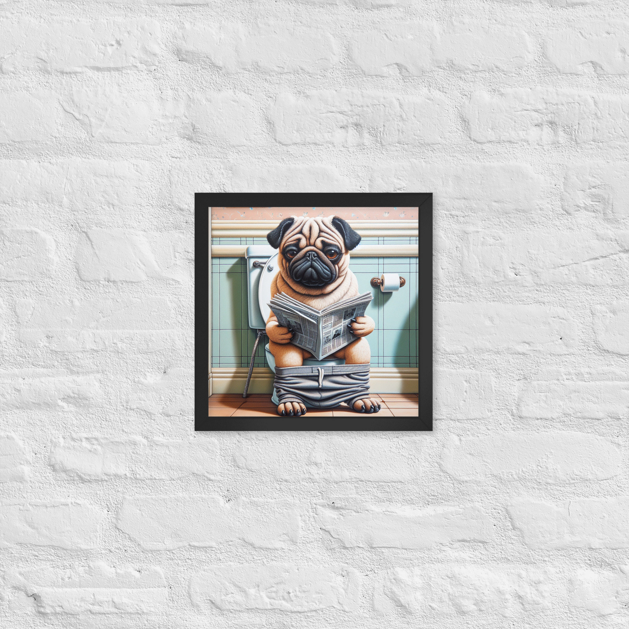 Pug Sitting on the Toilet Reading a Newspaper Framed Poster, Funny Mops ...