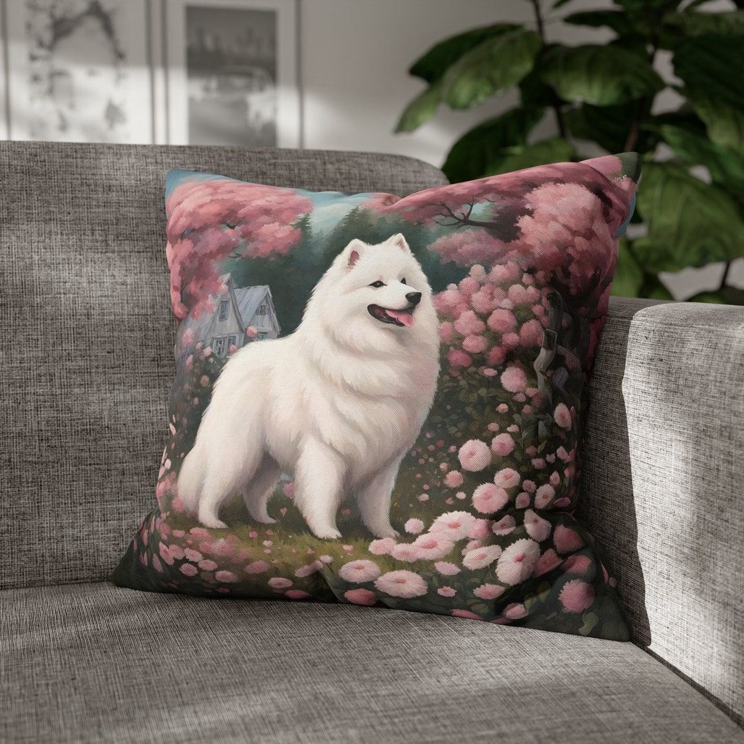 Samoyed and Flowers Cottagecore Pillow Cover, Cute Vintage Samoyed ...