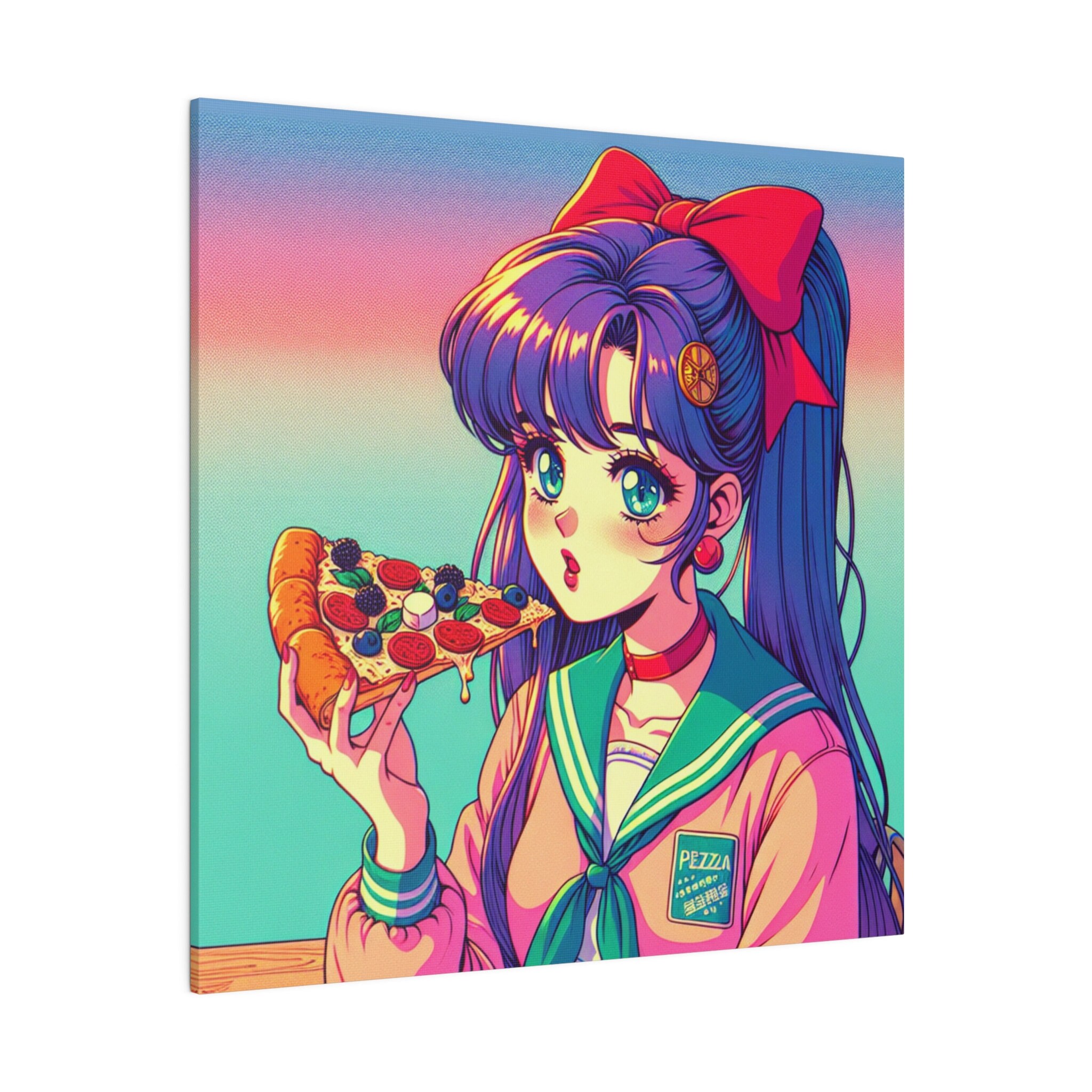 Anime Retro Girl Eating Pizza Matte Canvas, Preppy Girl Eating Pizza ...