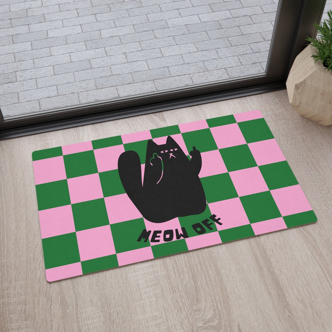Checkered Funny Cat Floor Mat, Black Cat Pointing Middle Finger Says ...