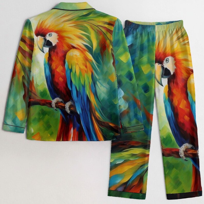 Tropical Macaw Pajama Set, Vibrant Parrot Silk-feel Sleepwear, Colorful ...