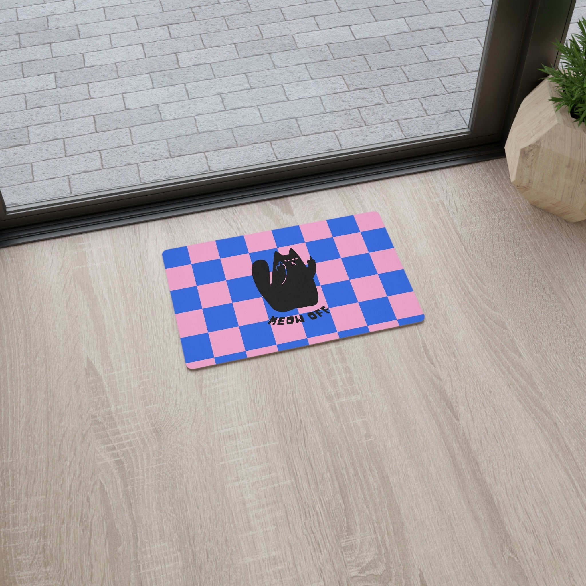 Checkered Funny Cat Floor Mat Black Cat Middle Finger Meow - Etsy
