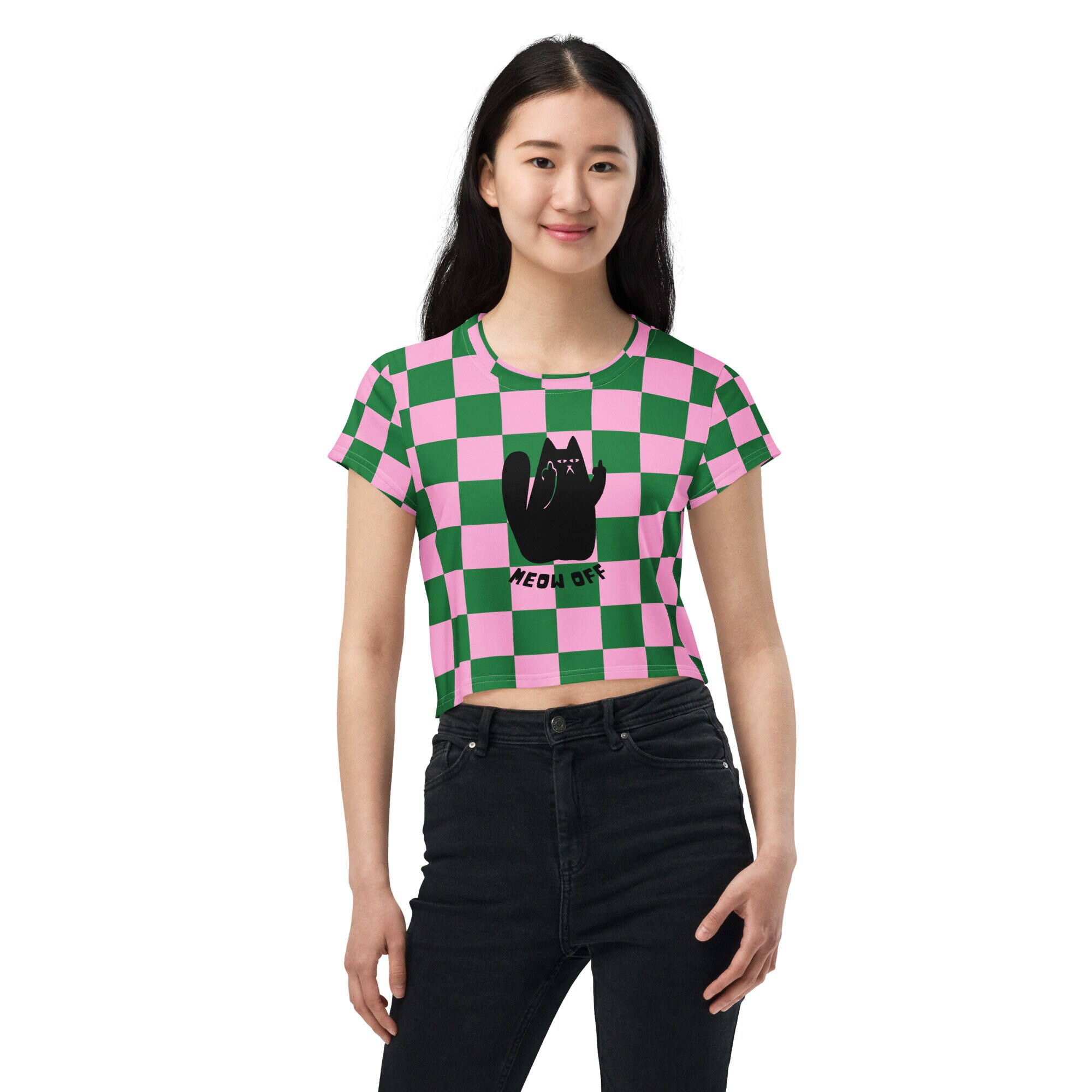 Checkered Funny Cat Crop Top, Black Cat Middle Finger Crop Tee, Crazy ...