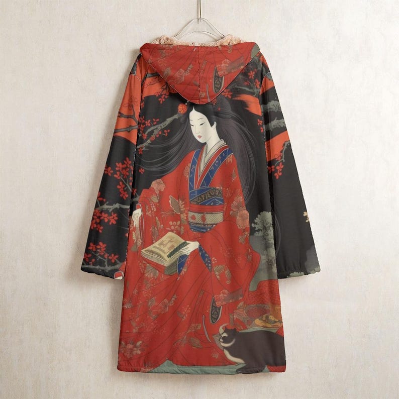 Geisha Art Fleece Lined Hooded Coat, Japanese Kimono Windbreaker ...