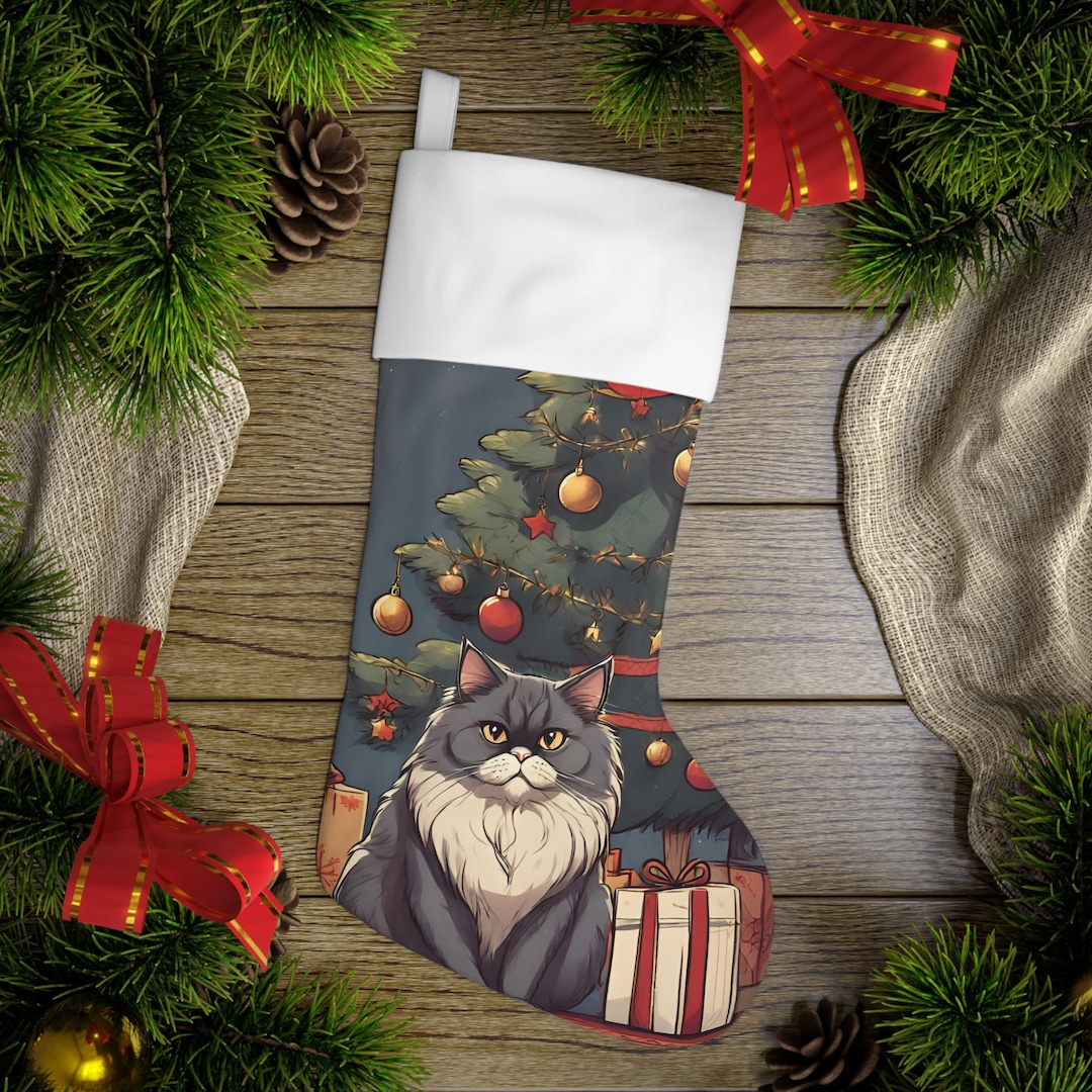 Persian Cat Christmas Stocking, Cute Cat Xmas Holiday Stocking, Persian ...