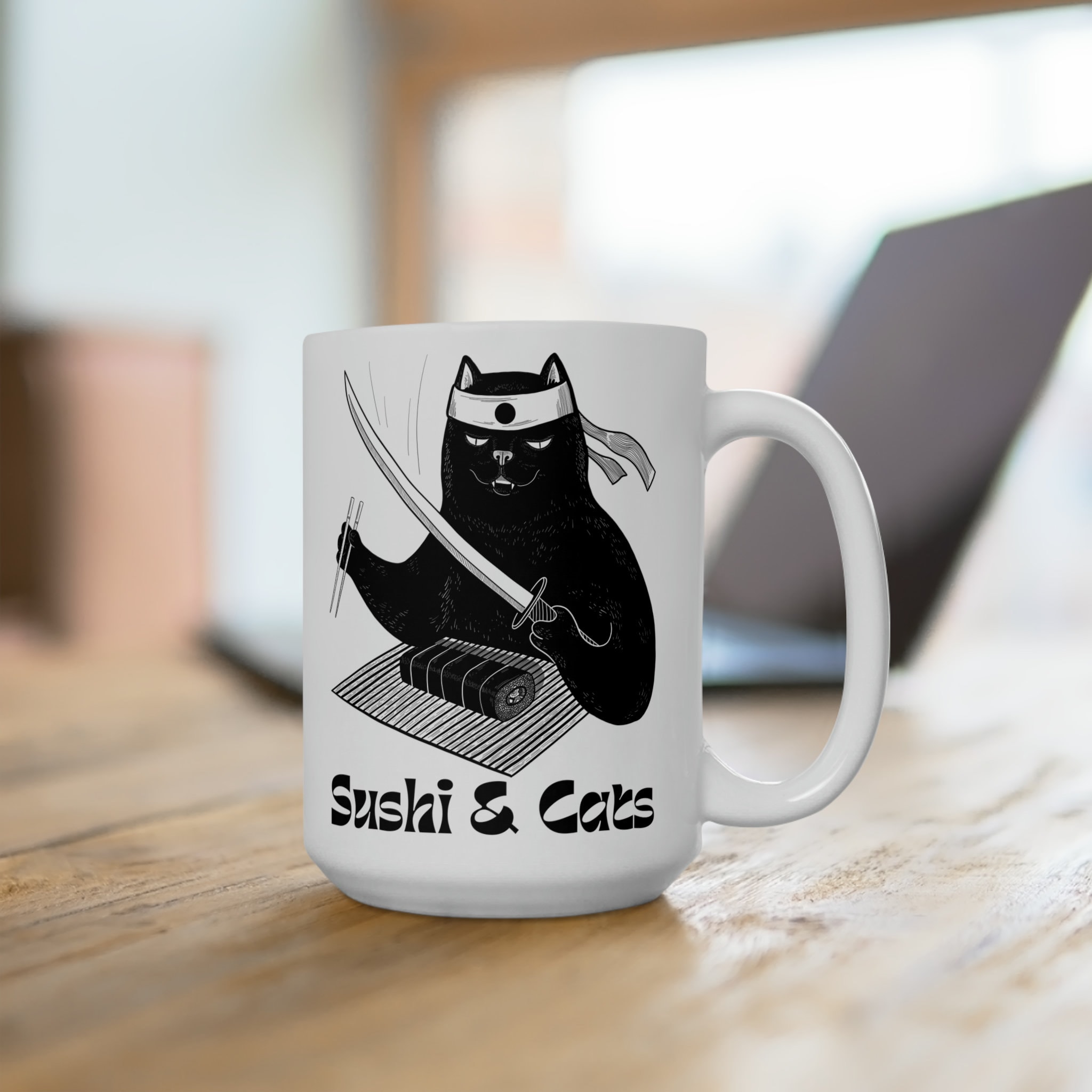 Samurai Cat Eating Sushi Ceramic Mug 15oz, Funny Cat Mug, Sushi and ...