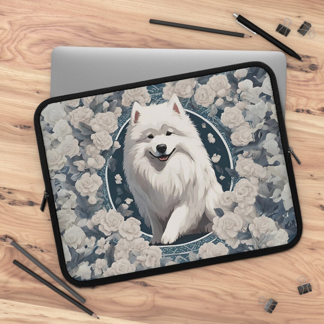 Samoyed Vintage Art Laptop Sleeve, Floral Samoyed Laptop Case, Samoyed ...