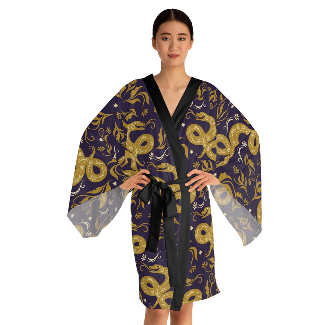 Mystical Snake Long Sleeve Kimono Robe, Serpent Print Loungewear, Boho ...