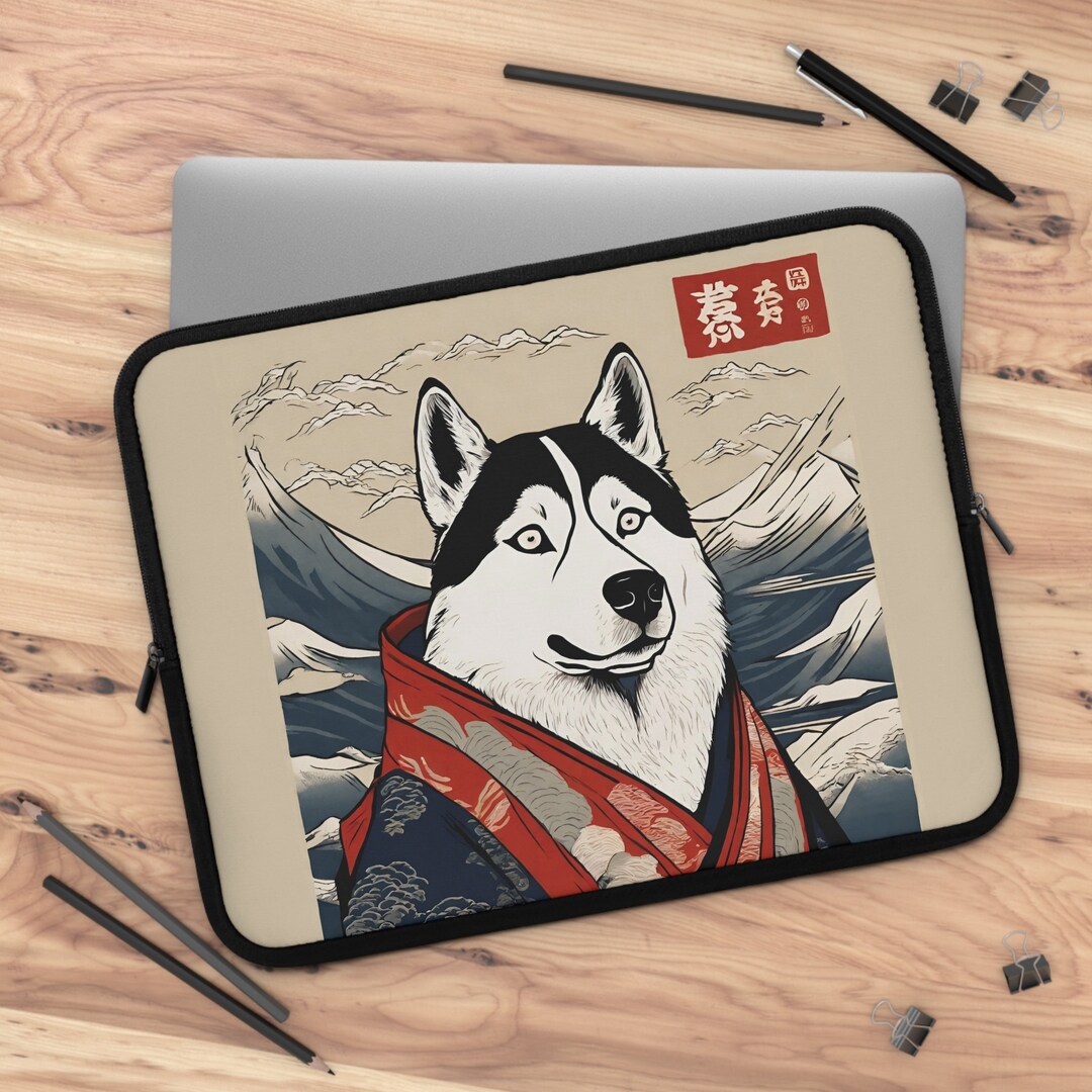 Funny Siberian Husky Japanese Art Laptop Sleeve, Ukiyo-e Style Painting ...