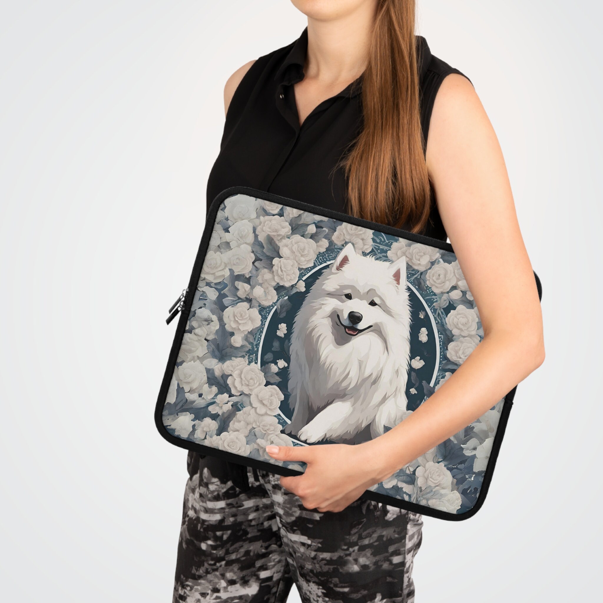 Samoyed Vintage Art Laptop Sleeve, Floral Samoyed Laptop Case, Samoyed ...