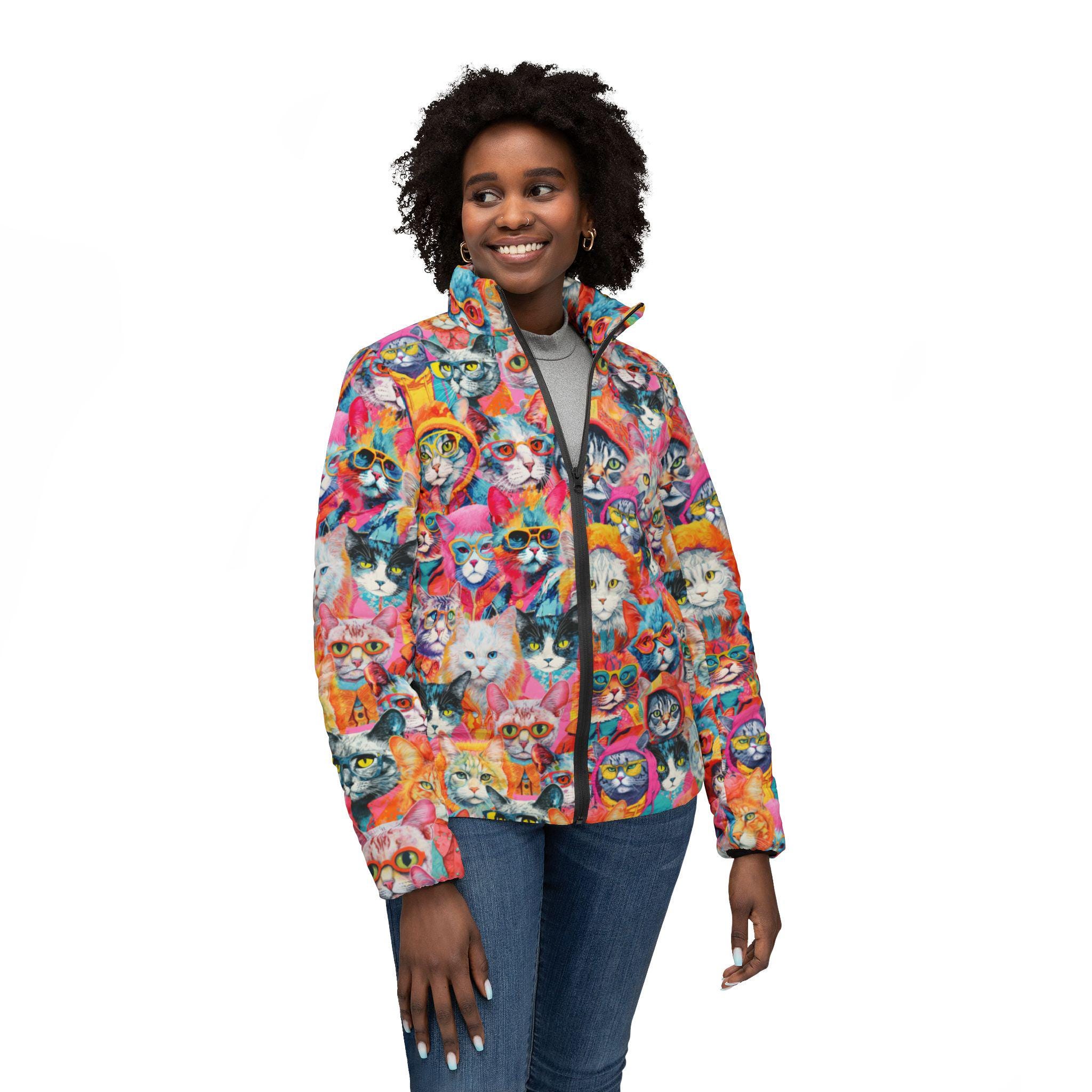 Hipster Cats Pattern Puffer Jacket, Retro Cats Pattern Puffer Jacket ...