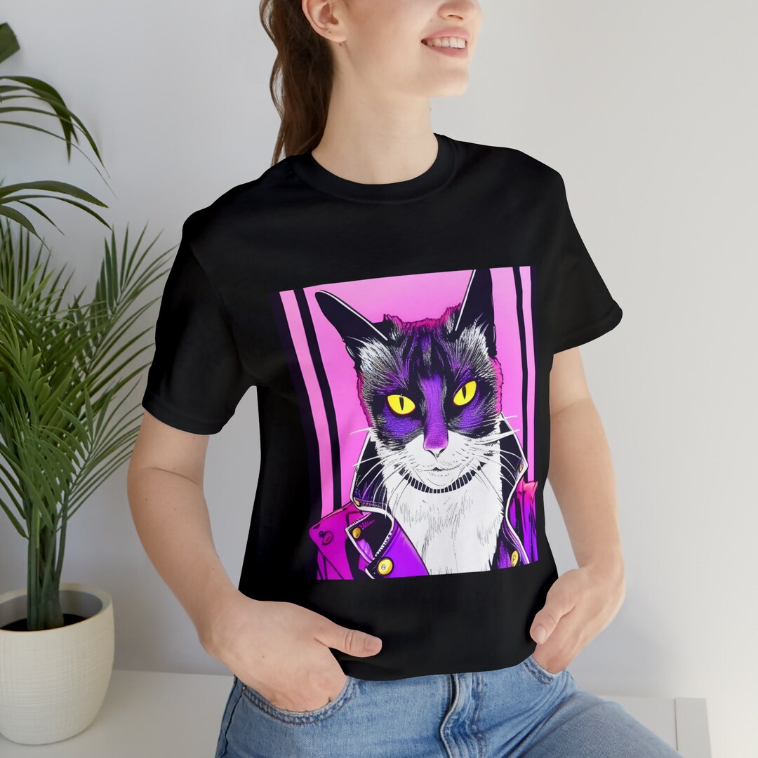 Cat Wearing a Leather Jacket T-shirt, Cool Cat Shirt, Retro Cat Shirt ...