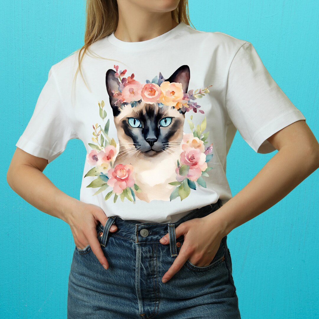 Floral Siamese Cat Shirt, Siamese Cat Watercolor Shirt, Flowers Siamese ...