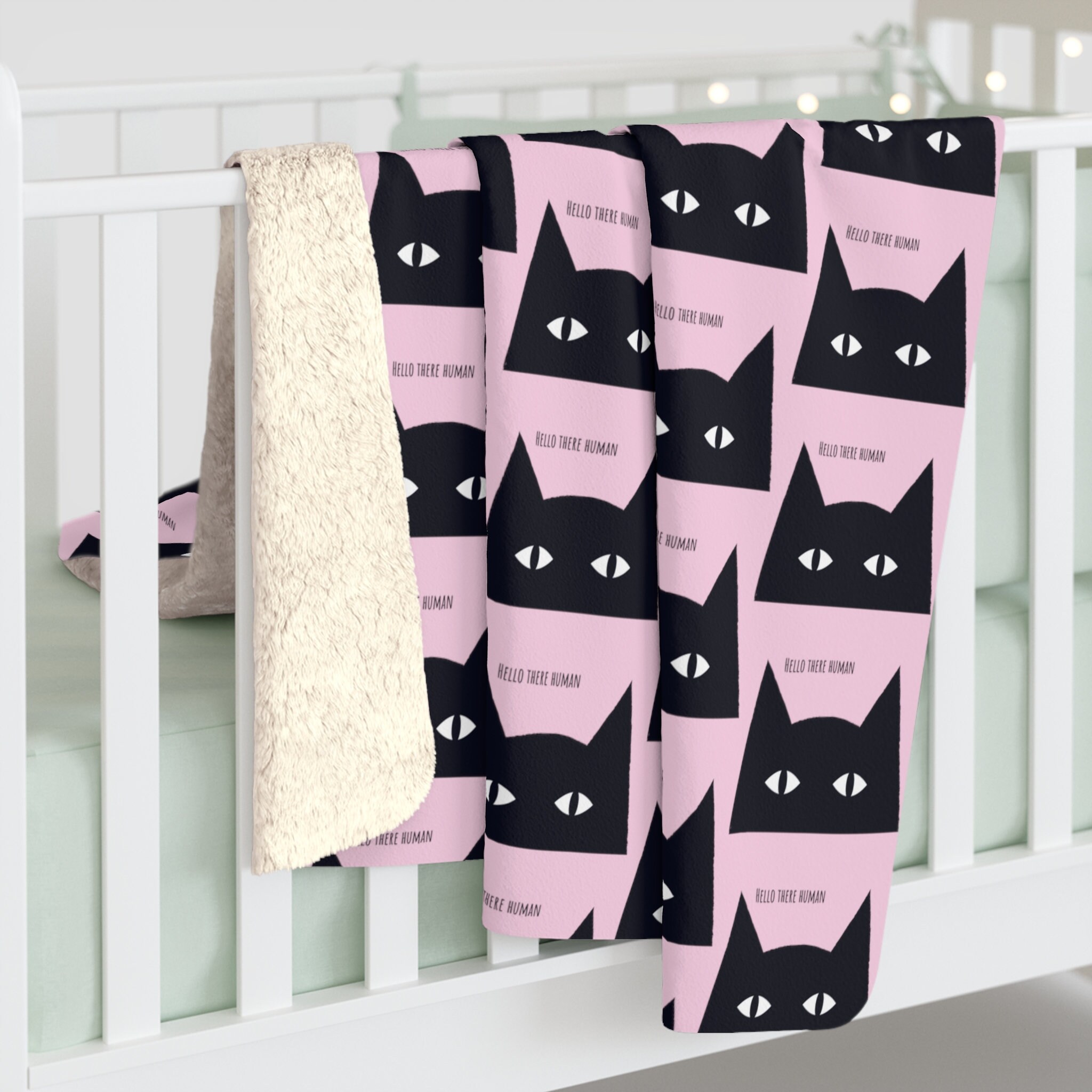 Funny Black Cat Says Hello There Human Pattern Sherpa Fleece - Etsy