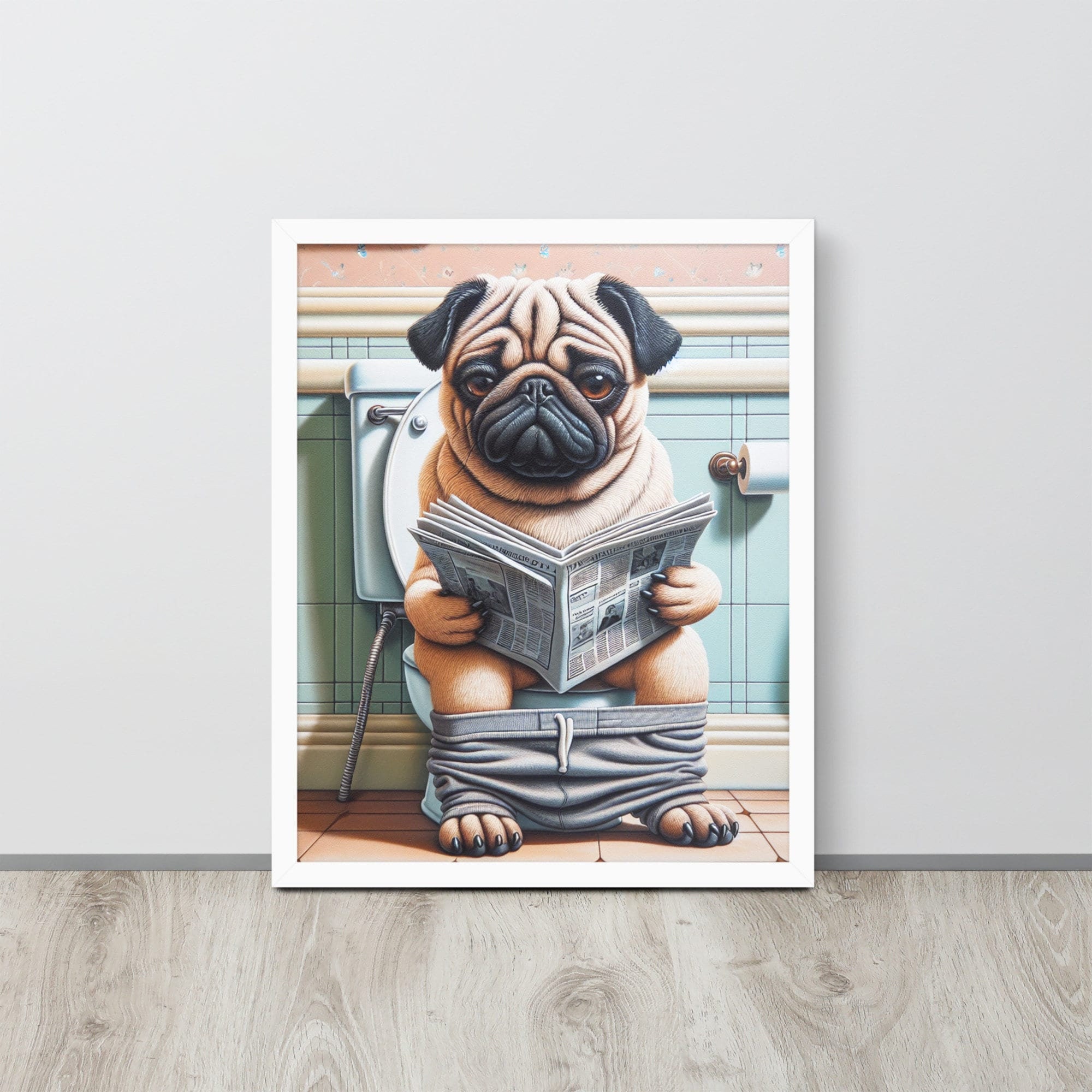 Pug Sitting on the Toilet Reading a Newspaper Framed Poster, Funny Mops ...