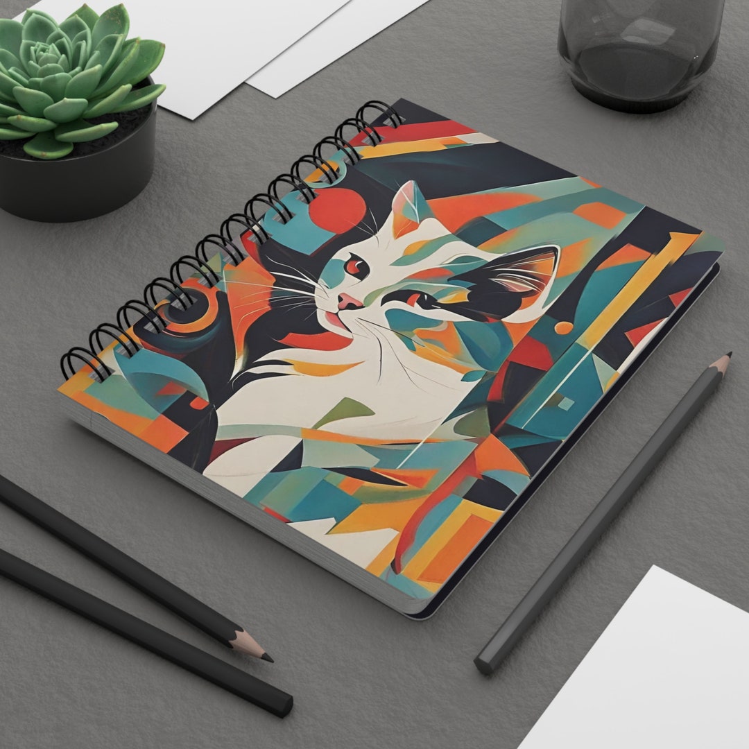 Abstract Cat Spiral Bound Journal, Geometric Cat Art Notebook, Colorful ...