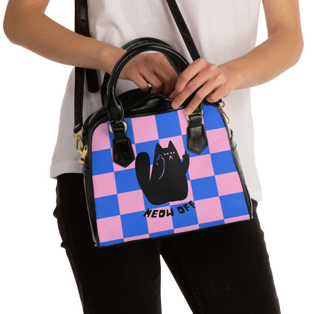 Checked Funny Cat Shoulder Handbag, Black Cat Middle Finger Shoulder ...